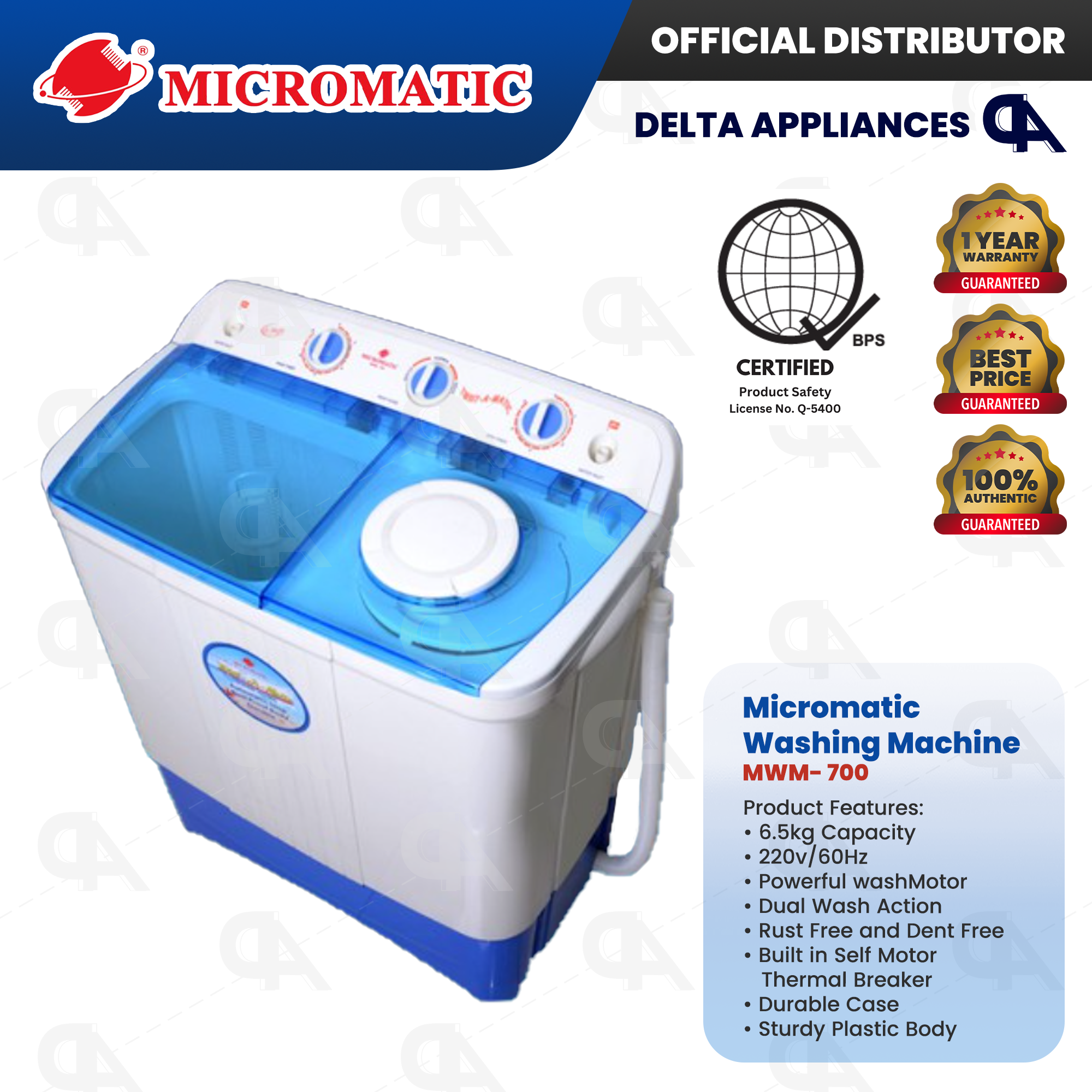 Micromatic MWM-700 Twin Tub Washing Machine 6.5kg Semi-Automatic Blue ...